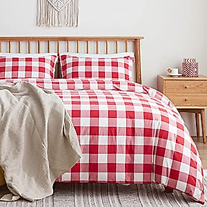 VEEYOO King Duvet Cover Cotton - 100% Washed Cotton Buffalo Plaid Duvet Cover Set with Zipper Closure, Extra Soft Breathable Comforter Cover (Red Buffalo Check)