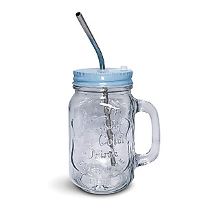 Home Suave Mason Jar Mugs with Handle, Regular Mouth Colorful Lids with 2 Reusable Stainless Steel Straw, Set of 2 (Light Blue), Kitchen GLASS 16 oz Jars,Refreshing Ice Cold Drink & Dishwasher Safe