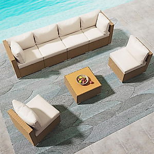 LAUSAINT HOME Outdoor Patio Furniture, 7 Piece Patio Furniture Set PE Rattan Sectional Conversation Sets with Thick Cushions & Wood-Like Coffee Table for Garden, Porch(Beige/Brown Wicker)