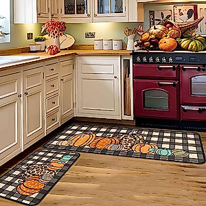 Fall Kitchen Rugs and Mats Set of 2, Thanksgiving Kitchen Rug Non Slip Backing Fall Decorations for Home Seasonal Farmhouse Fall Holiday Autumn Harvest Low-Profile Kitchen Floor Mat 17"X47"+17"X30"