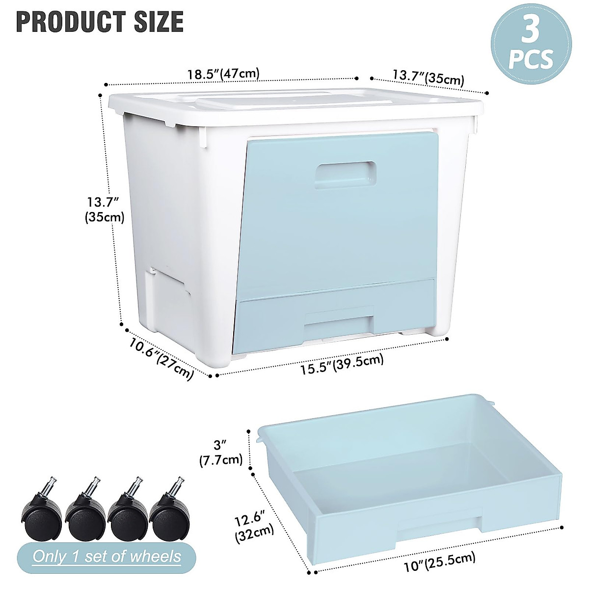 loobuu 3 Pack Plastic Toy Storage Organizer Box with Side Lids,40QT Toys Storage Chest Bin with Drawer, Large Stackable Storage Container Bin for Kids, Boys, Girls, Nursery, Playroom