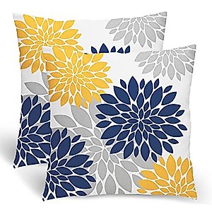 Navy Blue Yellow Pillow Covers 20x20 Inch 2 Pcs, Spring Summer Geometric Elegant Dahlia Decorative Throw Pillows, Flower Outdoor Decor Pillowcase Linen Square Cushion Cover Gift for Patio Couch Sofa