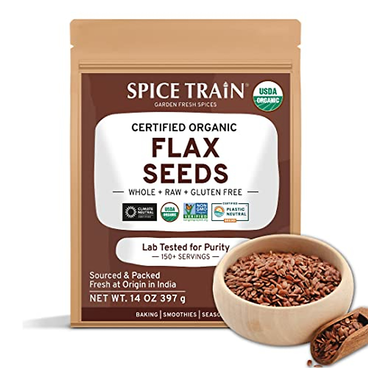 SPICE TRAIN, Organic Flax Seed with Omega3 (397g/14oz) USDA Certified, Non-GMO, Flaxseed for Flax meals & Drinks | Resealable Zip Lock Pouch | 100% Raw Flax Seeds Sourced from India | Brown Flax Seeds