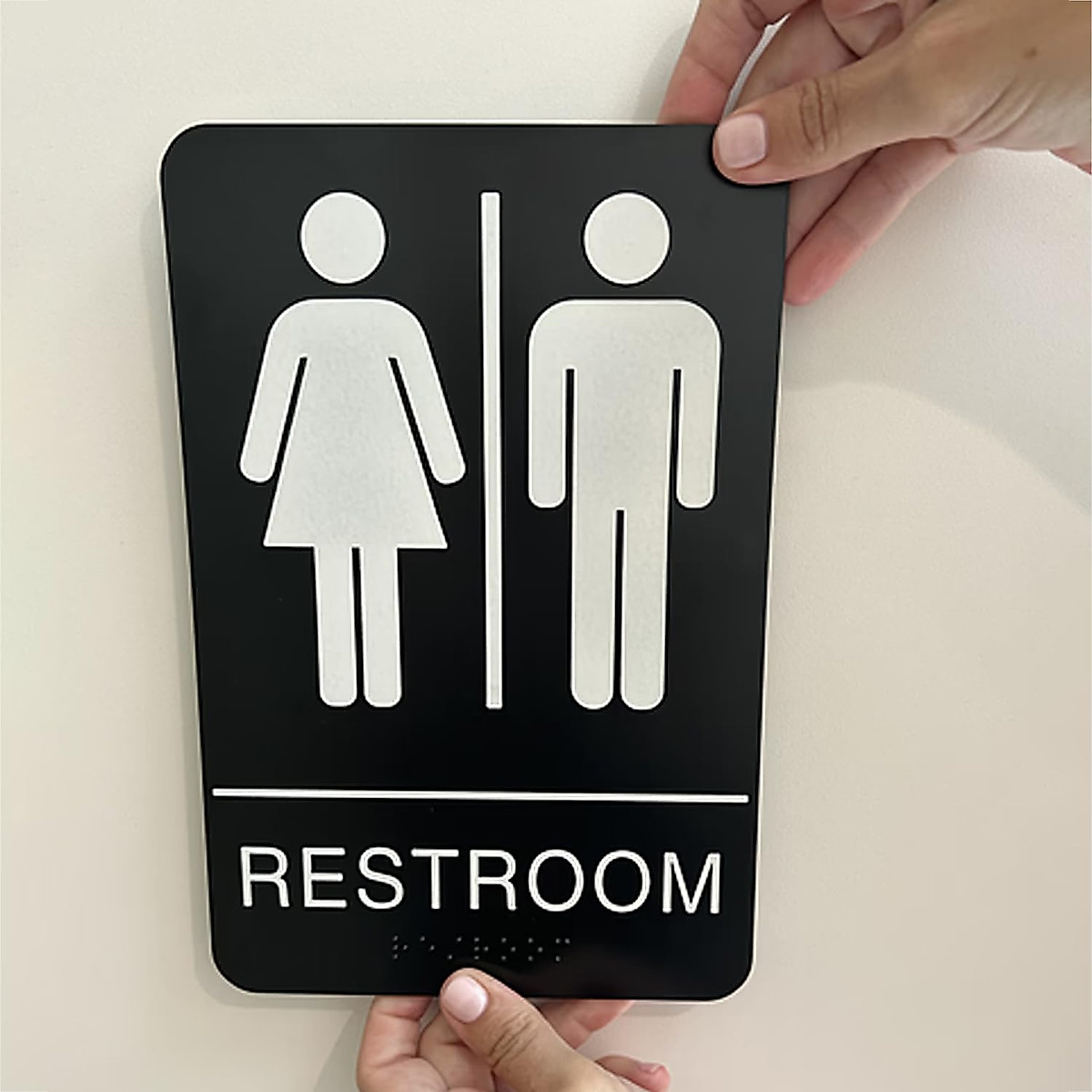 CORKO MANUFACTURING Unisex Braille Restroom Sign - Comes with Graphical Symbols and Double Sided 3M Tape to Secure Perfectly in Less Than a Minute - Size 9 x 6 Inch | Black