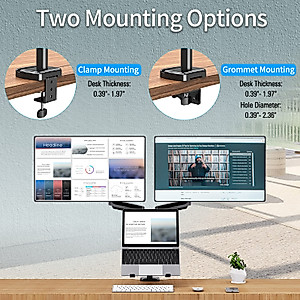 MOUNTUP Dual Monitor and Laptop Mount, Gas Spring Monitor Stand for 2 Max 27" Computer Screens, Laptop Tray Fits 10-17inch Notebook, Holds 4.4-17.6lbs Per Arm, 3-in-1 Adjustable Monitor Desk Mount