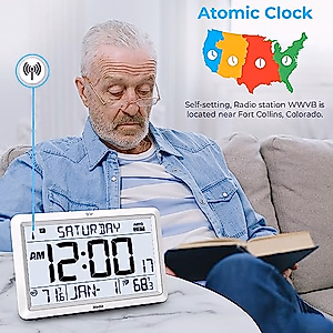 HODIK Atomic Clock with Indoor Outdoor Temperature Wireless, Large 7.5 Inch LCD with Backlight, Self-Setting Battery Powered with High Precision Sensor