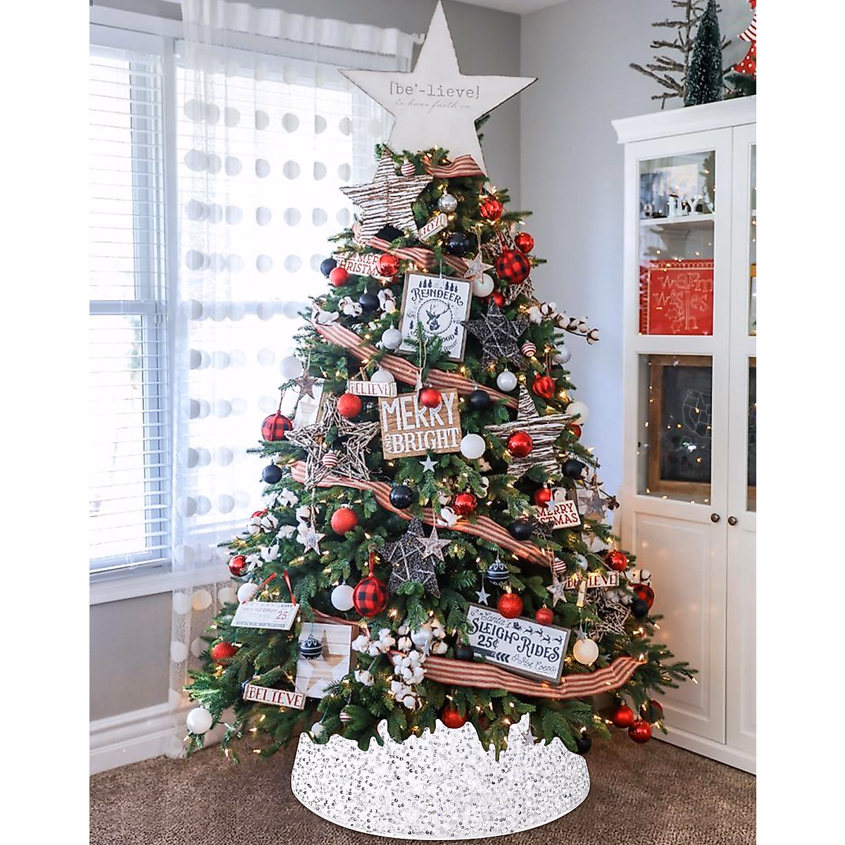 FUHSY Sequin Christmas Tree Collar White Christmas Tree Skirt 23.6 Inch Diameter Round Glittery Sequin Tree Skirts Velvet Xmas Tree Ring Box Christmas Santa Tree Stand Base Cover for Winter Holiday