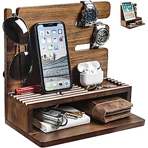 Homde Solid Wood Charging Station Storage/Nightstand for Multiple Devices Including Phone, Smart Watch, Laptop, Tablet Perfect as an Electronic Organizer Gift for Men