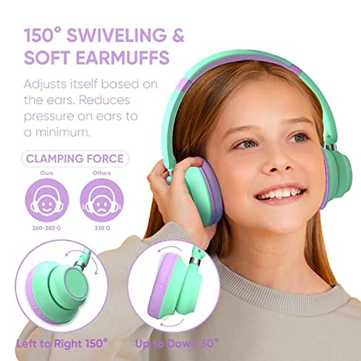 Cowyawn Toddler Headphones Ultra Light Comfort Kids Headphones, Rotatable Wired Headphones with Microphone for Toddlers Kids for School Travel Airplane, 85dB/94dB Volume Limit 3.5mm Jack, Green/Purple
