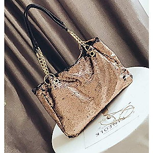 QTKJ Fashion Two Tone Reversible Sequin Tote Bag Zipper Shoulder Bag with Chain and Leather Straps (Gold)