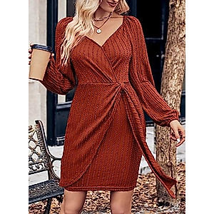 Dokotoo Dresses for Women 2023 Wrap V Neck Long Sleeve Asymmetrical Ribbed Knit Tie Waist Casual Slim Fit Mini Party Wedding Guest Bodycon Sweater Dress Fall Fashion Clothes Red Large