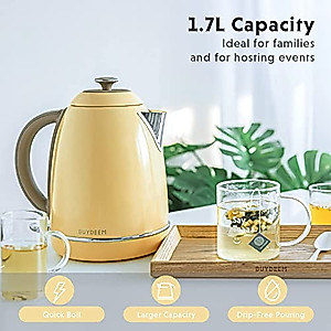 BUYDEEM K640 Stainless Steel Electric Tea Kettle with Auto Shut-Off and Boil Dry Protection, 1.7 Liter Cordless Hot Water Boiler with Swivel Base, 1440W, Mellow Yellow
