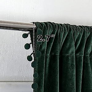 Victree Pom Pom Velvet Curtains for Bedroom, Blackout Curtains 52 x 84 inch Length - Room Darkening Sun Light Blocking Rod Pocket Window Drapes for Living Room, 2 Panels, Dark Green