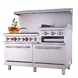 EASYROSE 60 Inch Gas Range 6 Burner Heavy Duty Ranges With Griddle, Salamander & 2 Ovens, Commercial Range for Kitchen Restaurant - 276,000 BTU, ETL Certified