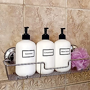 Artanis Home Silkscreened Empty Shower Bottle Set for Shampoo, Conditioner, and Body Wash, Squat 16 oz 3-Pack, White (Black Pumps)