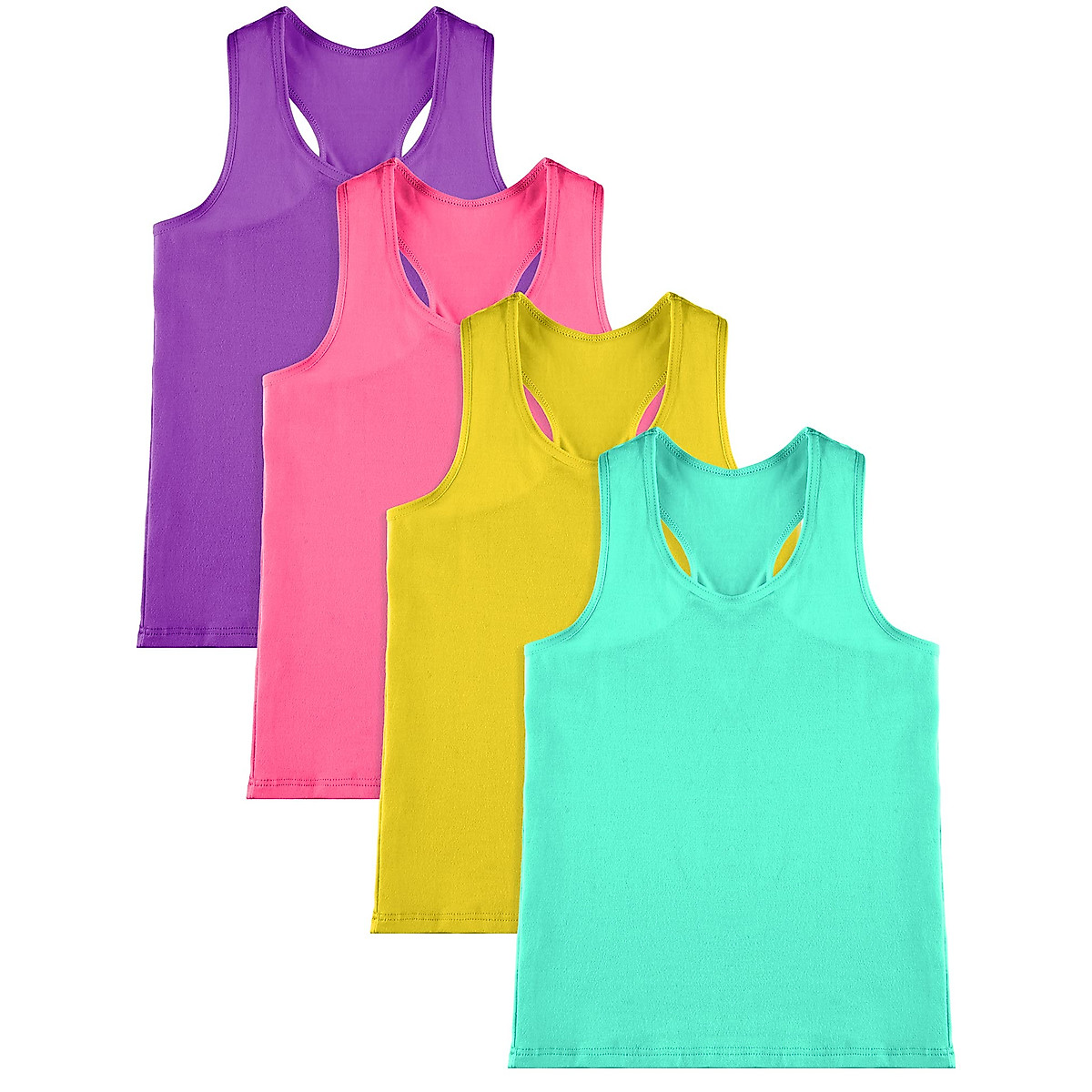 SATINIOR 4 Pieces Girls Dance Tank Tops Racerback Crop Tops Sleeveless Dance Clothes for Girls Gymnastics(7-8 Years,Violet, Red, Green, Lemon Yellow)