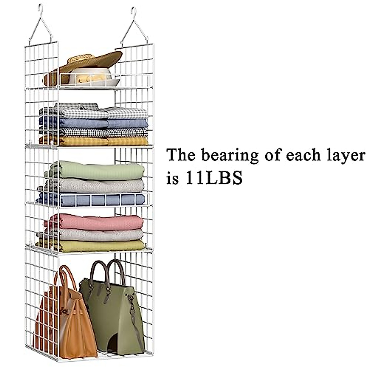 Yociyoga 5 Tier Closet Organizers and Storager, Adjustable Hanging Shelf Metal Wire Wardrobe Basket with 2 Sturdy Hooks for Bedroom, Livingroom (White)