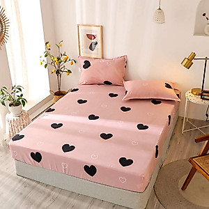 Girls Cute Heart Pattern Fitted Sheet for Kids King Size Lovely Pink Black Bedroom Decor Bed Sheet Set Girly Cartoon Love Geometric Bedding Set Children Modern Design Bed Cover with 2 Pillow Case