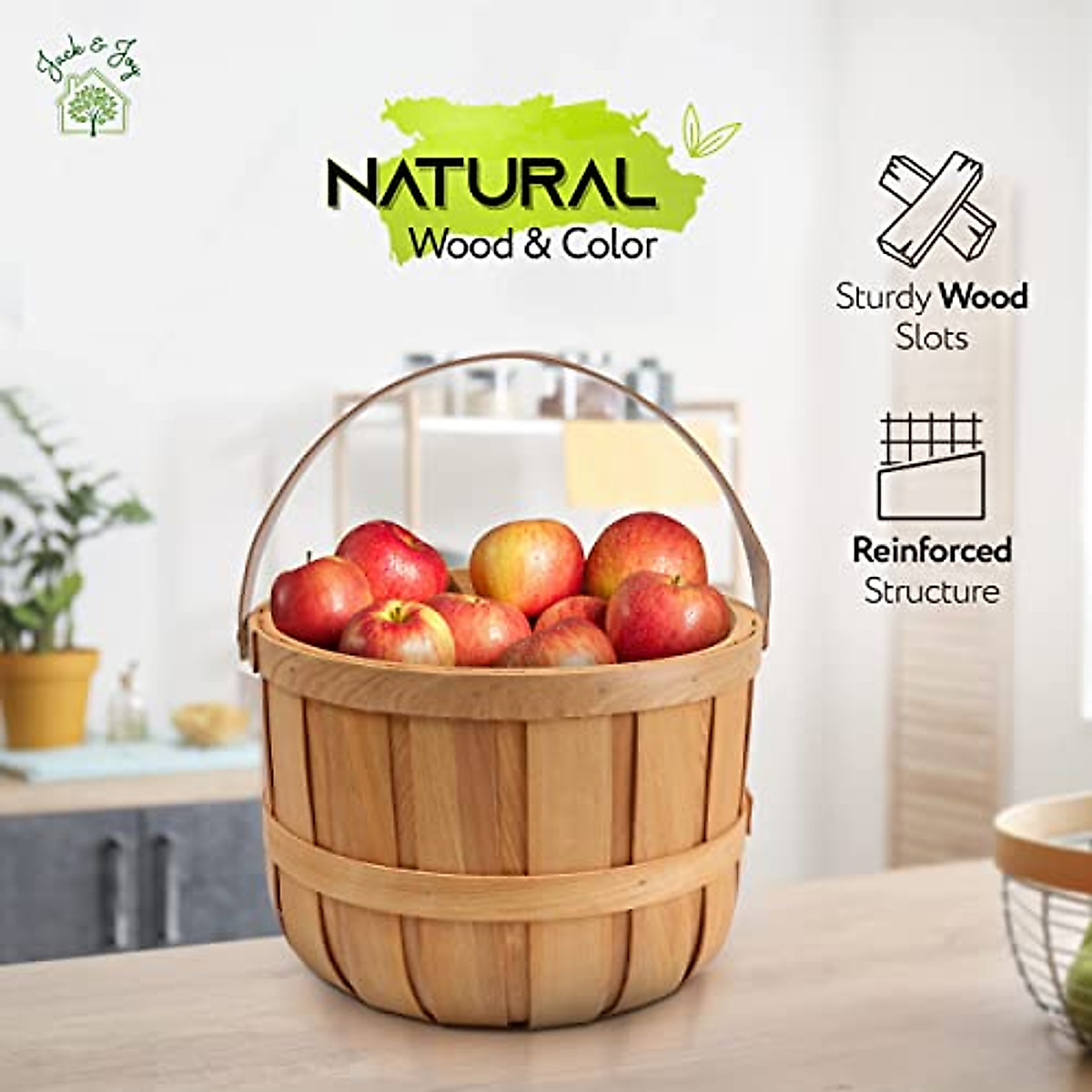 Jack & Joy Set of 2 Baskets for Produce – Thick Wood Slots and Reinforced Body, Display Fruits and Vegetables or Use in Home Garden, Fold Down Strap for Easy Carrying, Large 11" & Small 9"