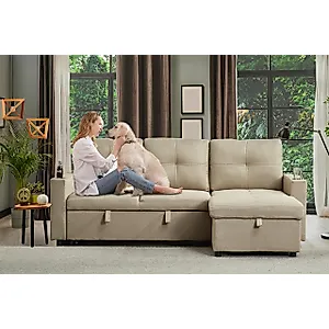 Bonrcea Pull Out Sleeper Sofa,L-Shaped Reversible Sleeper Sectional Sofa Bed with Storage Chaise for Living Room (Light.Brown)
