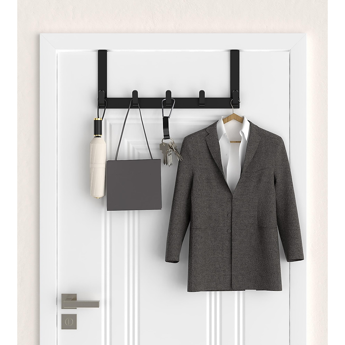 KitchLife Over The Door Hooks Hanger with Extended Arms for Easy Use by Women - Bathroom Accessories and Towel Rack Organization - 1 Pack, Matte Black