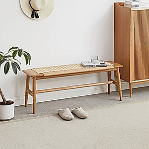 Tennozu Woven Bench, 32" L FAS Grade 100% Solid Oak Wood Dining Room Bench w/Rustic, Hand Woven Design, Firm Mortise & Tenon Structure, Long Bench for Dining Room/Entryway/Bedroom, White (Beige)