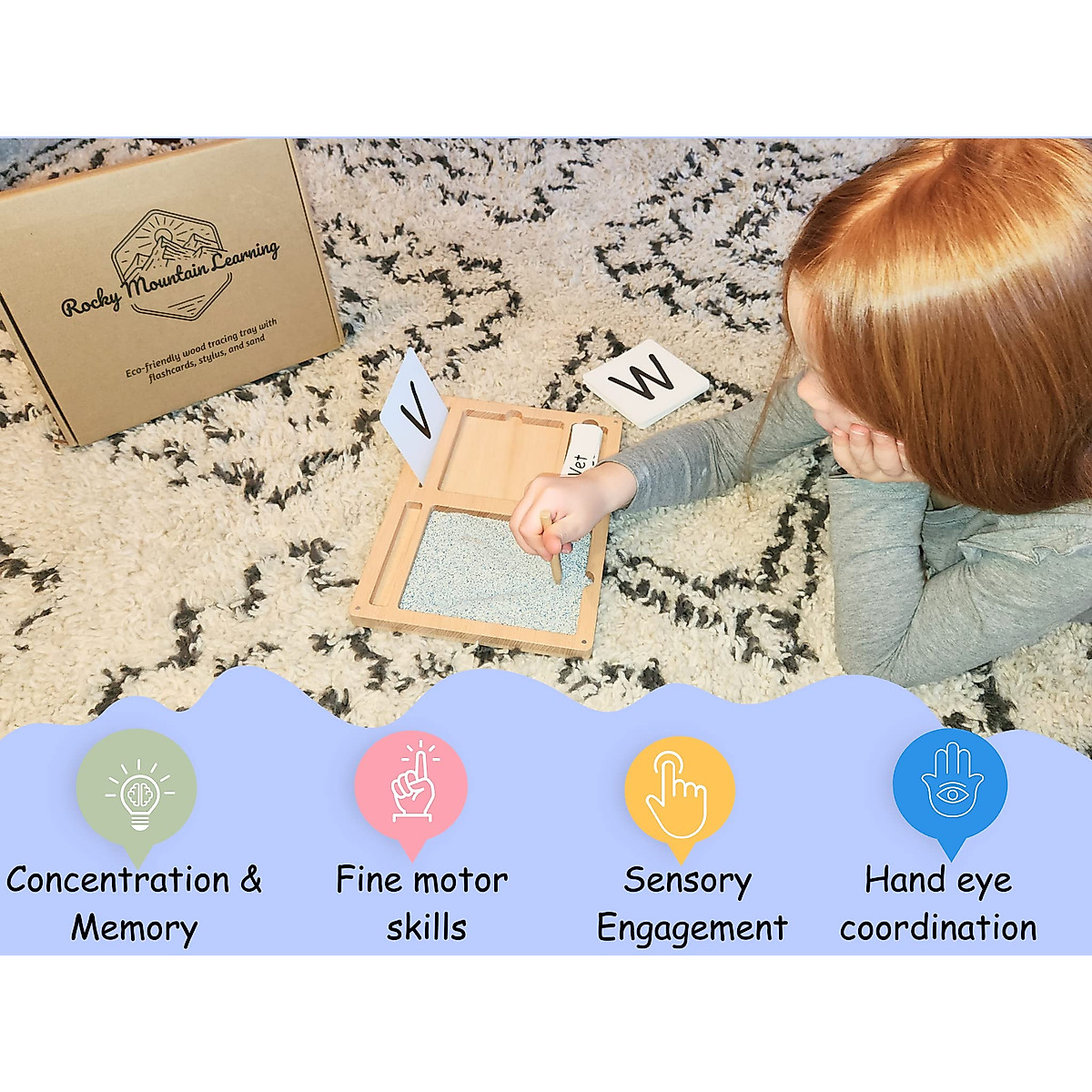 Montessori Sand Tray for Kids 3 4 5 6 Years Old Sand Writing Tray Learning Sensory Toy Educational Alphabet and Phonic Words Comes with Sand, Tray, Lid, 2 Sets of Flashcards, Stylus (Dark Blue)