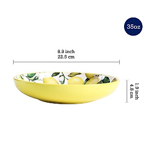 Bico Lemon Dreams Ceramic 35oz Dinner Bowls, Set of 4, for Pasta, Salad, Cereal, Soup & Microwave & Dishwasher Safe
