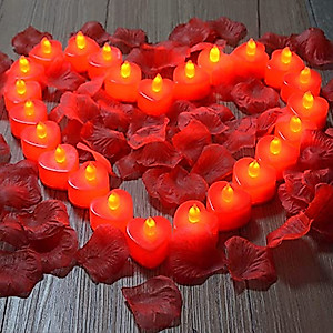 Homeleo 24PCS Red Heart Shaped Flameless Candles Lights,Romantic LED Tealight Candle with 200Pcs Artificial Flower Rose Petals for Valentines Day Decor Wedding Bedroom Decorations Table Centerpieces