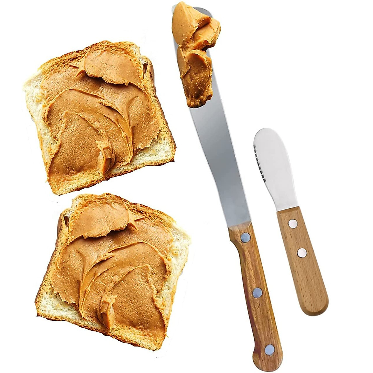 Performore 2PCS Spreader Knives, 12” Peanut Butter Knife that Works Great with Jars and 5” Short Spreading Knife, Stainless Steel Spatulas with Wooden Handle Spreader Set