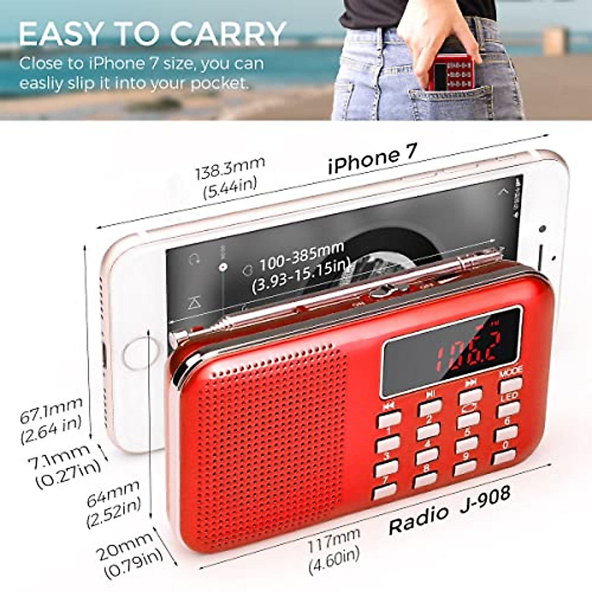 Mini Portable Radio AM FM Pocket Radio with MP3, LED Flashlight, Digital Radio Speaker Support Micro SD/TF Card/USB, Auto Scan Save, 1200mAh Rechargeable Battery Operated, by PRUNUS[Latest Version]