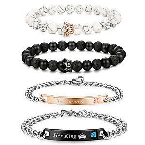 FIBO STEEL 4 Pcs Couples Bracelet for Men Women His & Her Crown Queen Bracelets Set 8mm Beads Bracelets