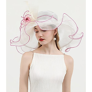 RZTA Women's Kentucky Derby Church Dress Hat Wide Brim Leaf Flower Bridal Shower Hat 01White,Pink