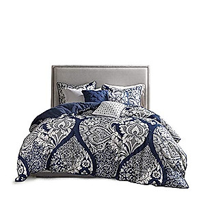 Madison Park Vienna Sateen Cotton Comforter Set, Breathable, Soft Cover, Trendy, All Season Down Alternative Cozy Bedding with Matching Shams, King, Indigo 7 Piece