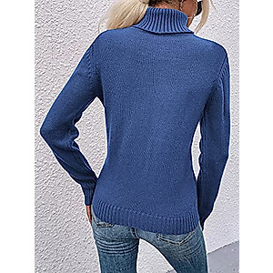 Hongqizo Women Casual Turtleneck Long Sleeve Sweater Cable Knit Pullover Solid Slim Fit Sweater Turtleneck Tops Navy