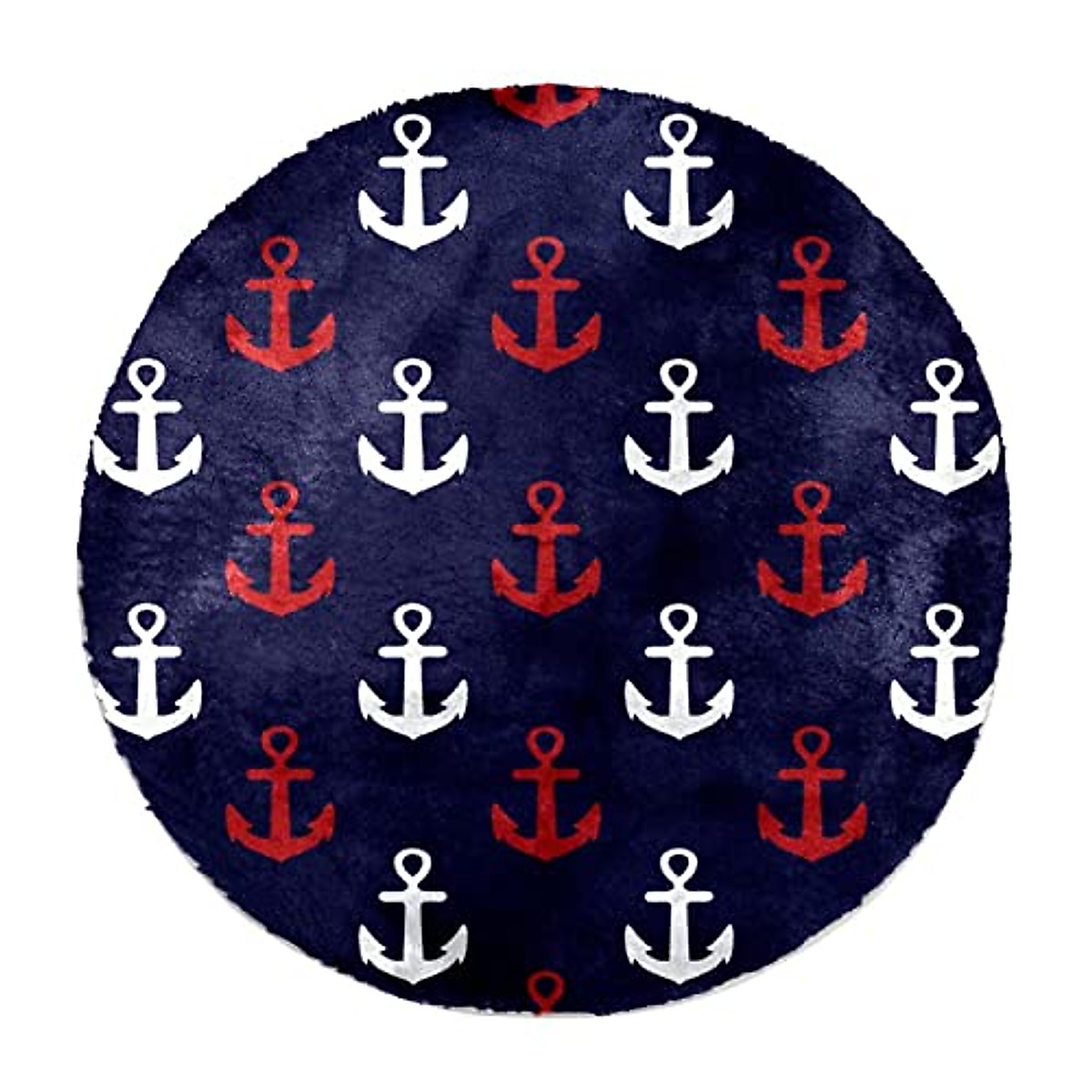 Ultra Soft Faux Rabbit Fur Fuzzy Area Rug Fluffy Bedside Carpet Mat for Bedroom Floor Sofa Living Room Round Rug, Red White Anchor Pattern Navy Blue