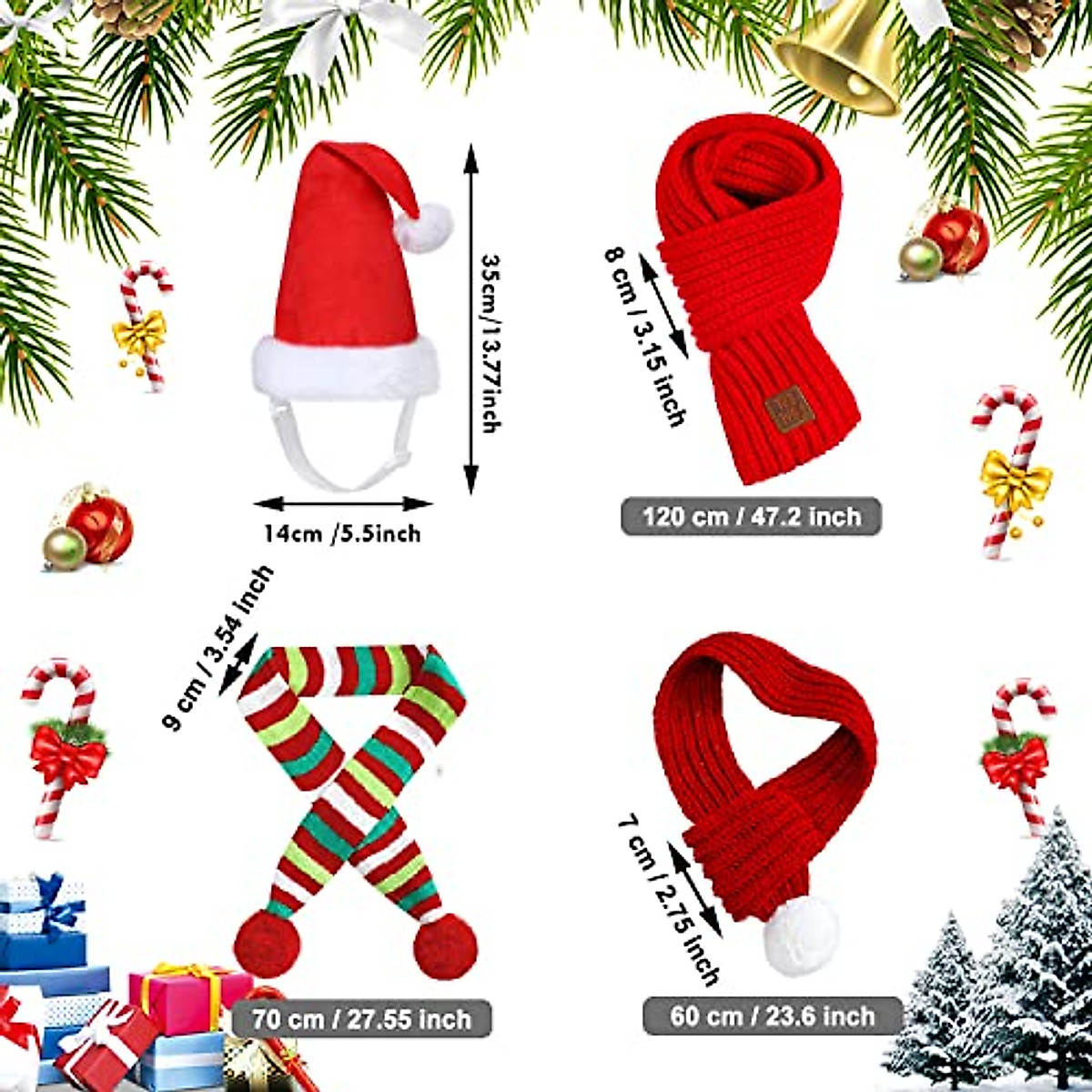 6 Pieces Christmas Dog Santa Hat and Scarf Include 3 Adjustable Christmas Cat Hat and 3 Pet Knit Red Scarf with White Pompom Ball Striped Scarf Winter Pet Accessory for Small Medium Large Dog