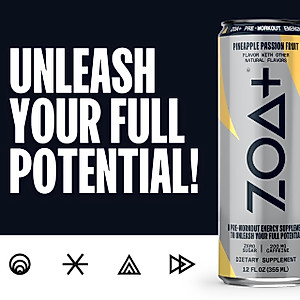 ZOA+ Pre-Workout Energy Drink Supplement - NSF Certified for Sport with Zero Sugar, Nitric Oxide Support, B & D Vitamins, Amino Acids, and Electrolytes (Pineapple Passion Fruit)