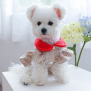 Loyalfurry Winter Dog Shirt Dress with Cute Red Doll Collar, Elegant Warm Dog Sweater Dresses with D Ring, Plaid Puppy Pet Clothes for Small Breeds (Medium, Light Brown)
