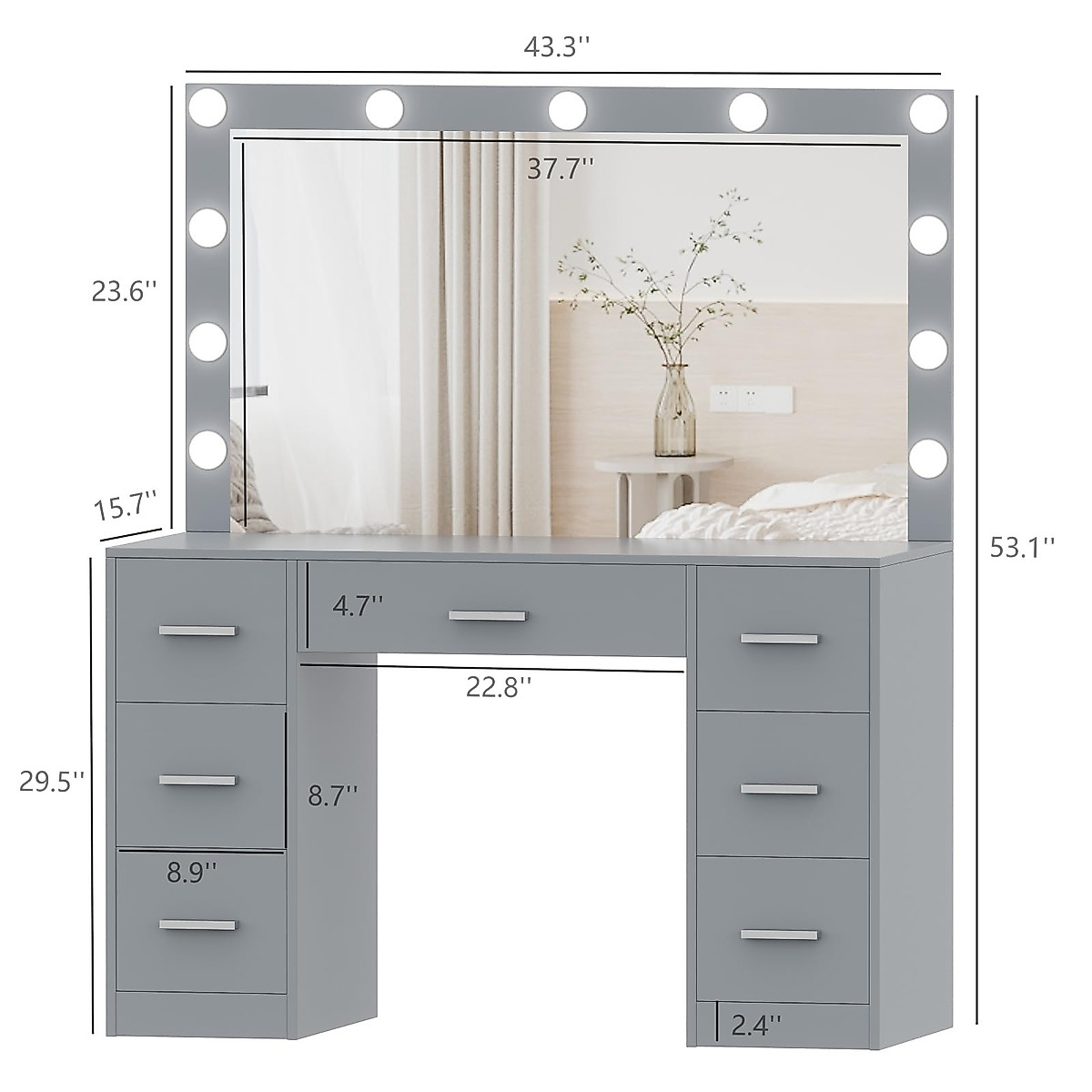 Irontar Vanity Table, Makeup Table with Lighted Mirror, 3 Color Lighting Modes, Brightness Adjustable, Dressing Table with Drawers, Vanity Desk for Women, Gray
