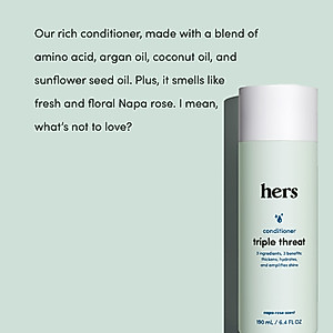 hers triple threat hydrating conditioner for damaged hair, leaves hair looking shiny and strong, color sage formula with an amino acid blend, argan, coconut, sunflower seed oil, 2 pack, 6.4oz