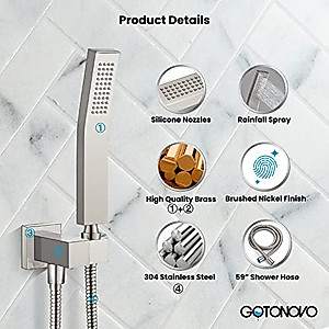 gotonovo Wall Mount High Pressure Brushed Nickel Square Hand Held Shower with Wall Connector and Solid Brass Hose Set
