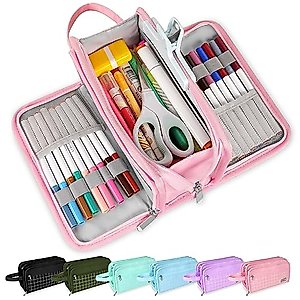 Sooez Large Pencil Case, Big Capacity Pencil Pouch Pen Bag with 3 Compartment, Portable Canvas Stationery Organizer with Zipper, Cute Aesthetic School Supplies For Teen Girls Boy College, Pink