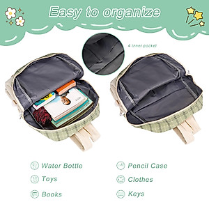 5Pcs Canvas School Backpack Combo Set with Kawaii Bear Pendant Cute Pins Plaid Check Handle Shoulder Tote Bag Schoolbag (Green)