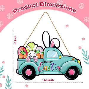 Jetec Happy Easter Hanging Sign Truck Bunny Welcome Wooden Door Sign Truck Hanging Plaque Rustic Wall Sign Yard Indoor Outdoor Garden Decoration with Rope, 13.4 x 10 Inch