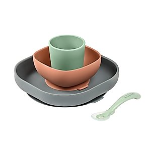 Beaba 100% Silicone 4 Piece Baby Feeding Set, Suction Plates for Baby, Includes Baby Plate, Baby Bowl, Baby Cup, 2nd Stage Silicone Spoon, High Grade Food Safe Silicone, Baby Must Haves, Mineral