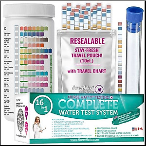 16in1 Premium Drinking Water Test Strips System | 110 Strips | Home Water Well Tap Quality Test for Copper, Lead, Chlorine, Hardness, Fluoride, pH, Iron & More w Travel Bag - Nurse Hatty 110ct.