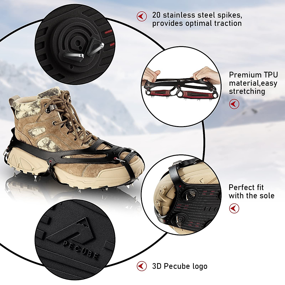 Pecube Ice Cleats for Shoes and Boots Men Women Trail Running 20 Stainless Steel Spikes Anti-Slip Footwear Traction Cleats Snow Grips Crampons for Hiking Ice Fishing Walking on Snow