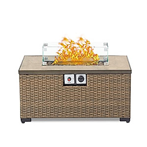 Patio Propane Fire Pit Table - 32 inch Outdoor PE Rattan Rectangle Tan Wicker Gas Fire Table with Ceramic Tile Tabletop, Glass Wind Guard for Outside, Garden, Backyard, Brown