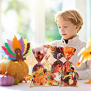 DERAYEE Thanksgiving Treat Bags, 180 Pcs Fall Cellophane Candy Bags Maple Leaves Turkey Pumpkin Goodie Gift Bags for Thanksgiving Party Supplies